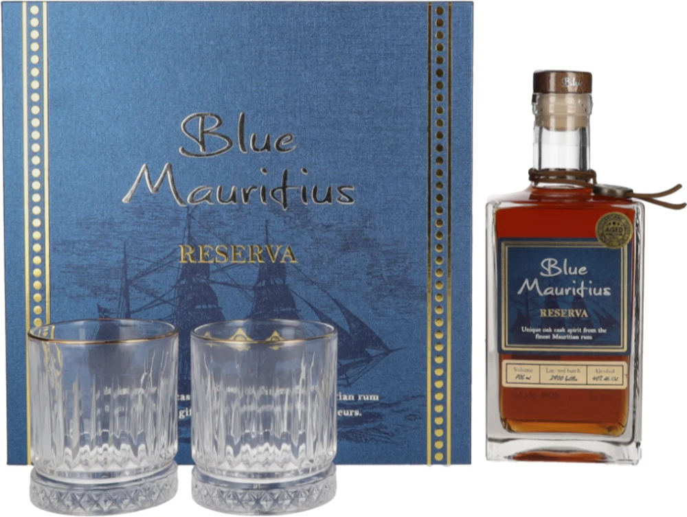 Rum Blue Mauritius Reserva + 2 kozarca + GB 0,7 l | Drinx.si